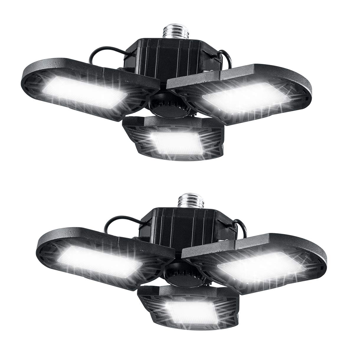 Wokyy 60W LED Garage Lights, Deformable Ceiling Light 6000LM 6500K, E26/E27 Basement Light with 3 Adjustable Die-cast Aluminum Panels for Workshop Barn Warehouse and More - 2 Pack