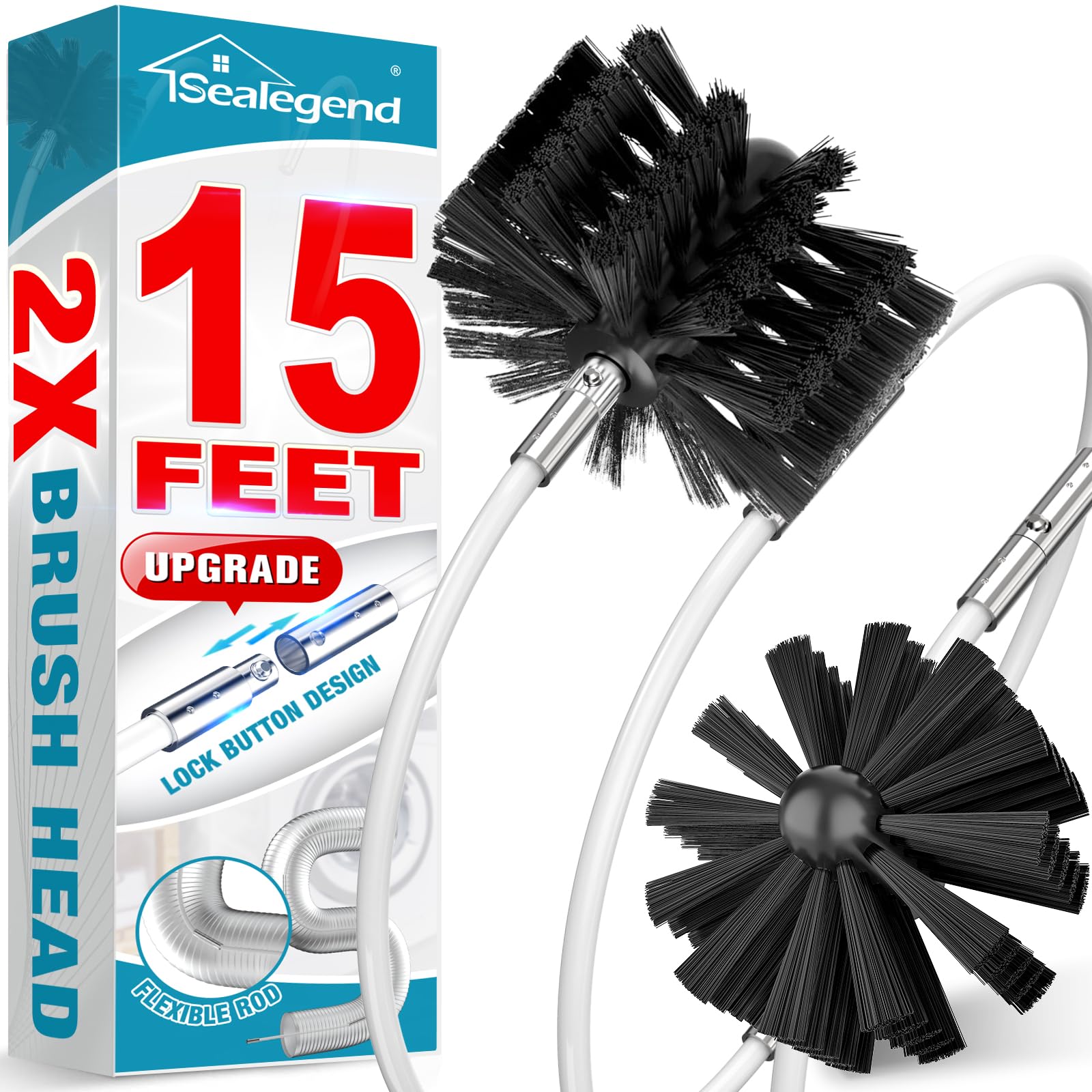 Sealegend 15 FEET Dryer Vent Cleaner Kit Double Synthetic Brush Head Upgraded Flexible Quick Snap Brush with Drill Attachment Extend Up to 15 FEET for Easy Cleaning Use with or Without a Power Drill