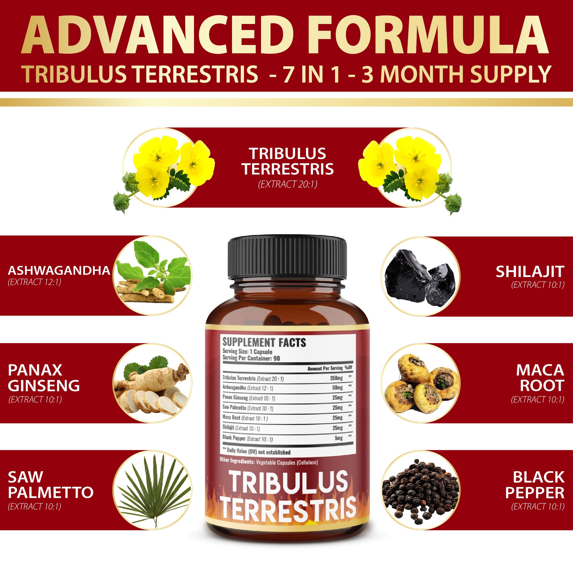 Zolotus Tribulus Terrestris, 8650mg Per Capsule, High Potency with Ashwagndha, Panax Ginseng, Saw Palmetto, Maca, Shilajit. Boost Energy, Mood, Stamina & Performance, for Men & Women, 3 Months Supply.