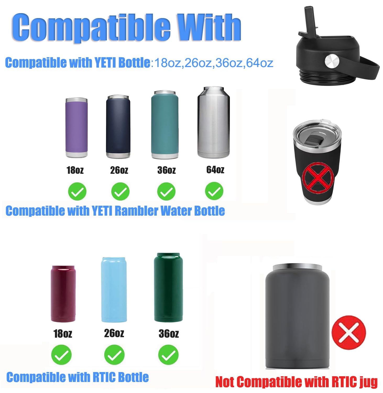 Straw lid for Yeti Rambler Water Bottle 18 26 36 64 oz, Replacement Cap Straw Cap for RTIC 18oz 26oz 36oz, Lid with Straw and Brush and Flexible Handle 