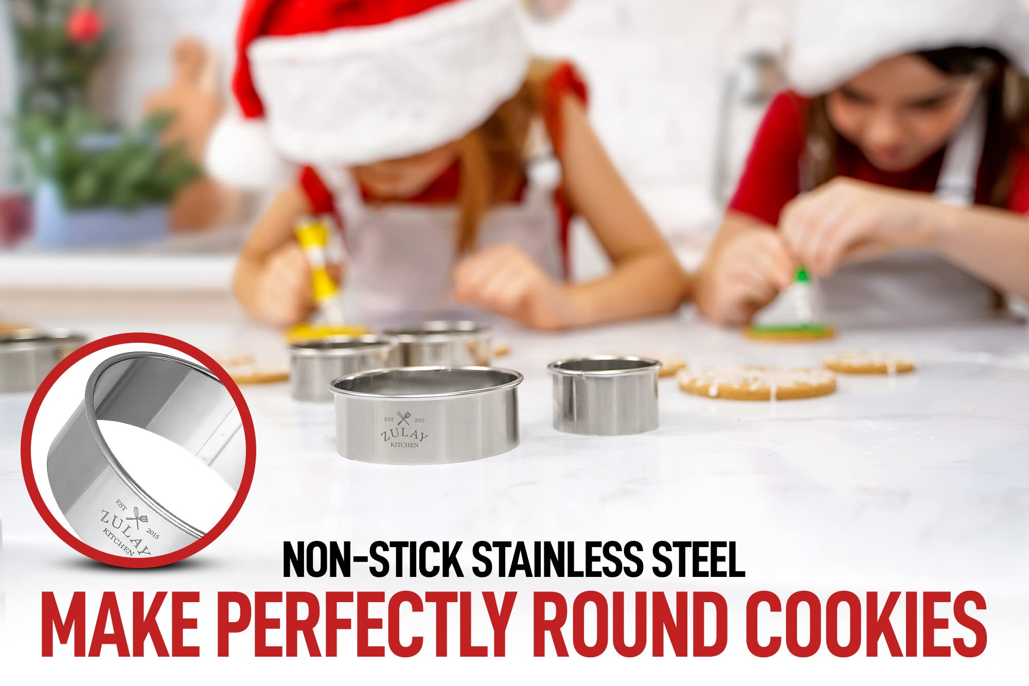 Zulay (5-Pieces) Round Cookie Cutters - Stainless Steel Rustproof Circle Biscuit Cutter Molds - Assorted Round Cookie Cutters With Rolled Top Edges For Dough & Pastries