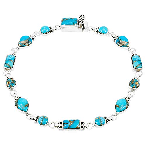 Turquoise Link Bracelet Sterling Silver 925 Genuine Turquoise (Teal/Matrix)