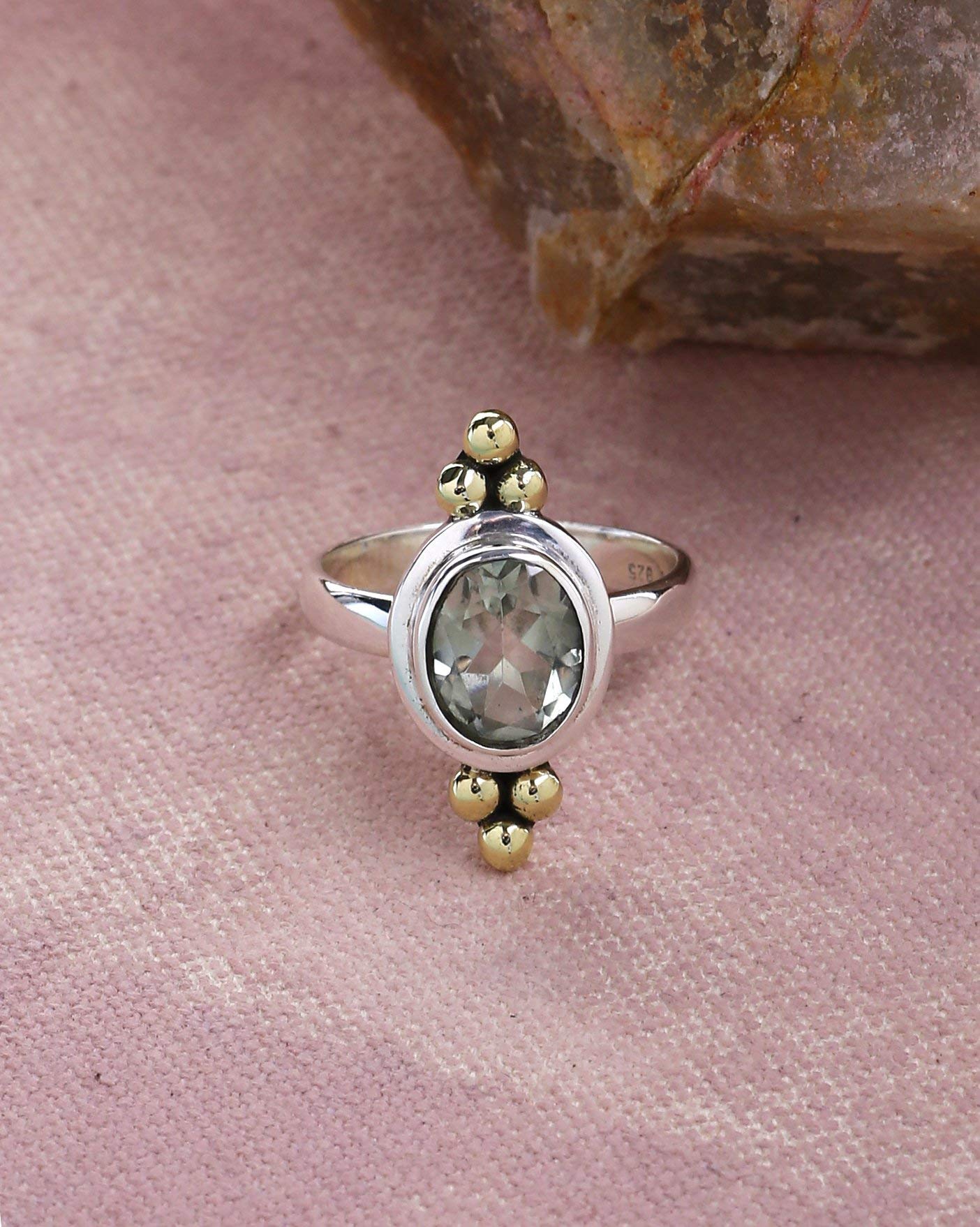 YoTreasure Green Amethyst Ring Solid 925 Sterling Silver Brass Accents Jewelry