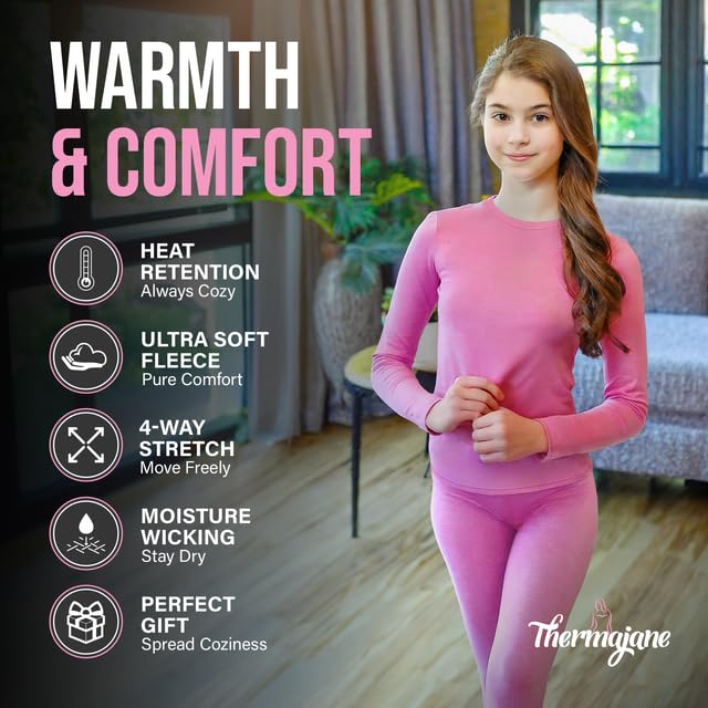 Thermajane Thermal Underwear for Kids Long Johns, Girls Thermal Underwear Set, Base Layer Kids Long Underwear (Olive Green, Medium)