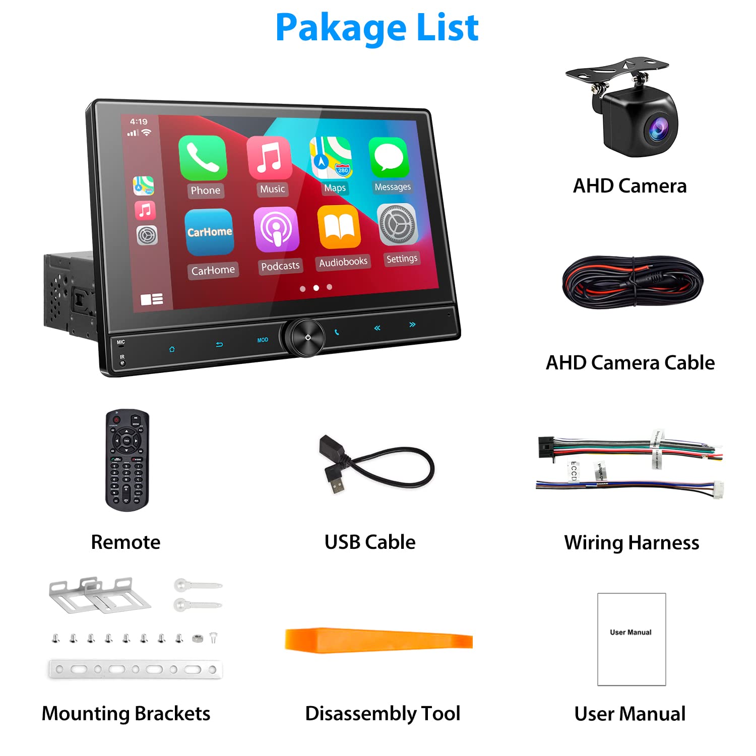 Westods Detachable and Adjustable 10.5" HD IPS Large Screen Single Din Car Stereo - CarPlay, Android Auto, Steering Wheel, Bluetooth, Subw, Mirror Link, FM/AM Car Radio, Backup Camera, USB/SD/AUX