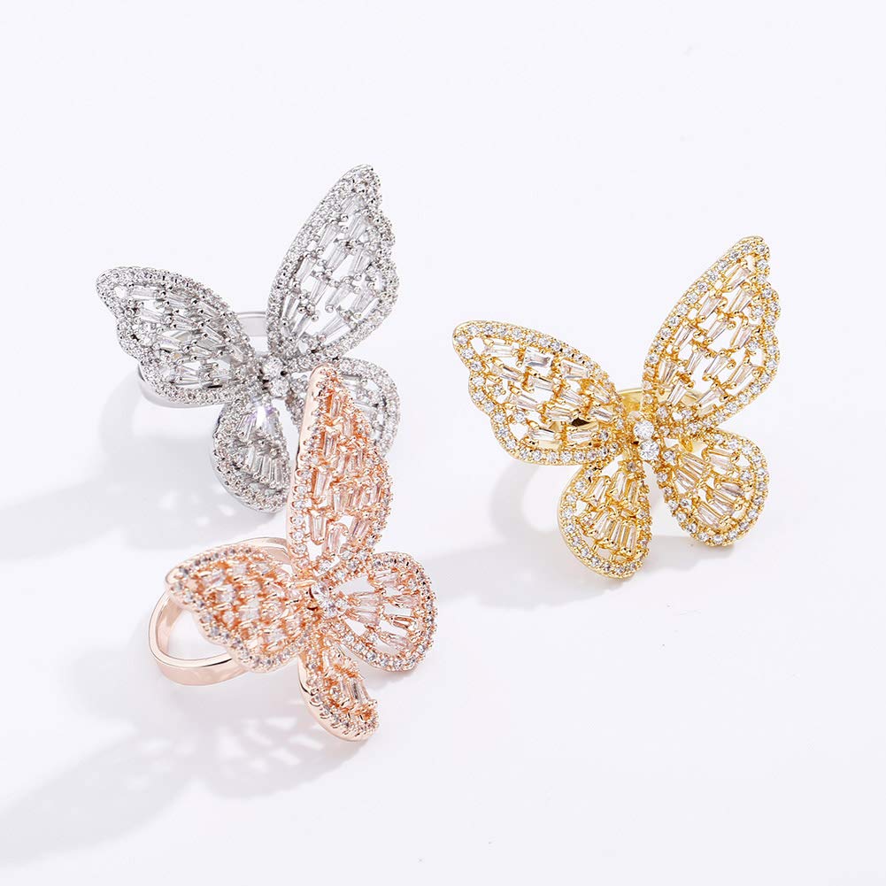 Gold Adjustable Butterfly Rings for Women Cubic Zirconia Ring Jewelry (Gold)