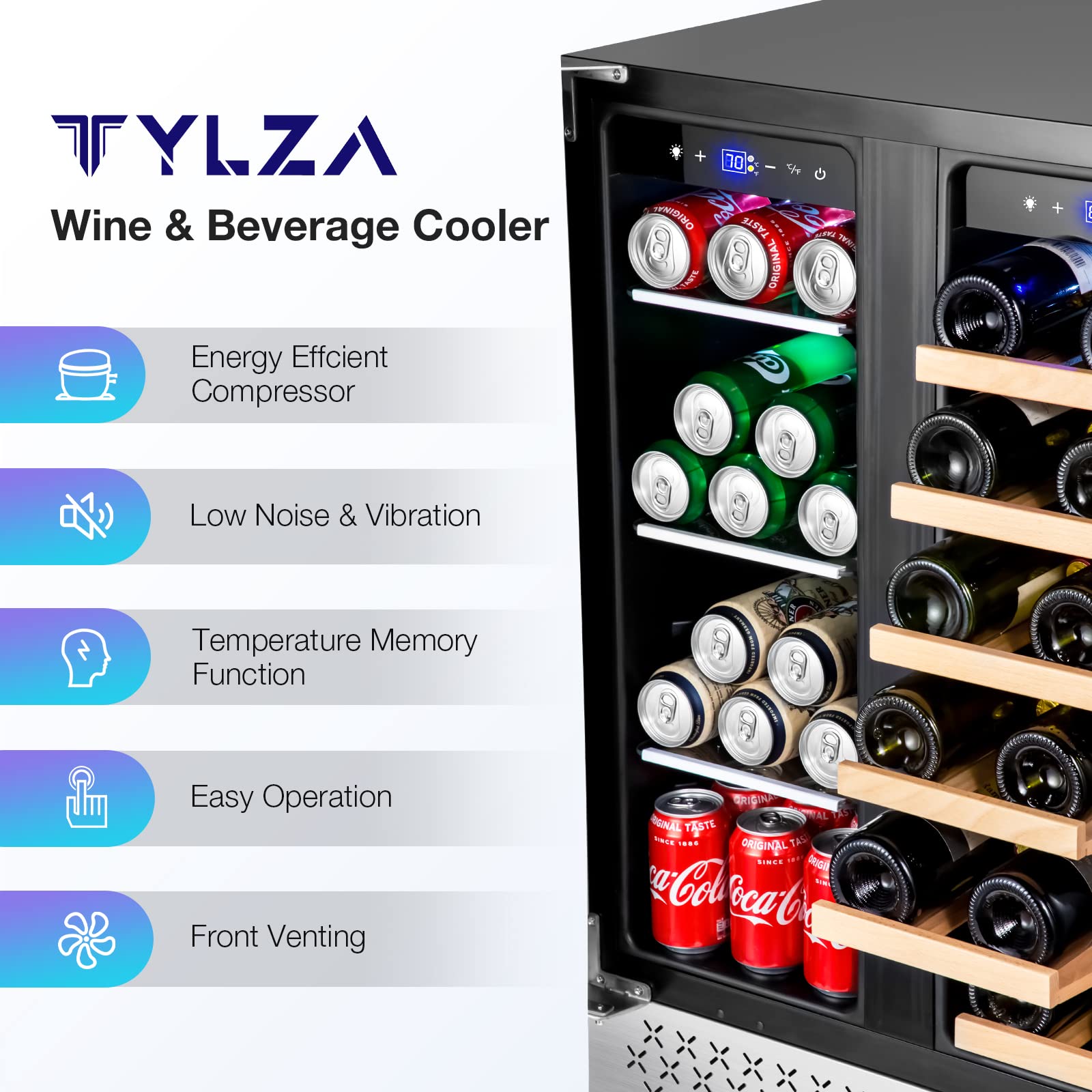 Tylza Wine and Beverage Refrigerator, 24 inch Dual Zone Wine Beverage Cooler Built-in and Freestanding, with Seamless Stainless Steel Door Quick Cooling Under Counter Beer Wine refrigerator TYBC120-2