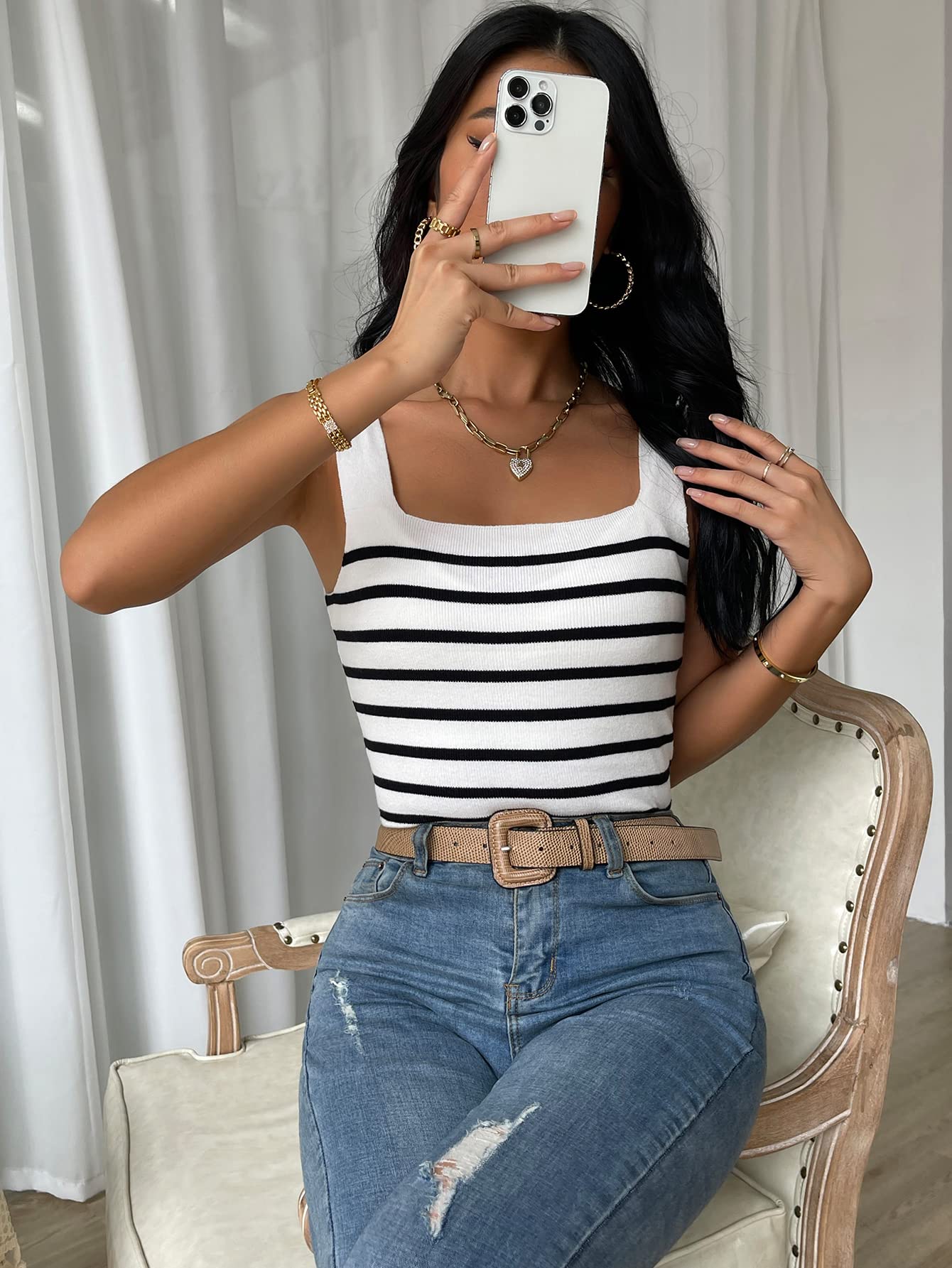 SOLY HUX Women's Square Neck Tank Top Basic Ribbed Knit Cami Casual Sleeveless Slim Fit Tops White XS