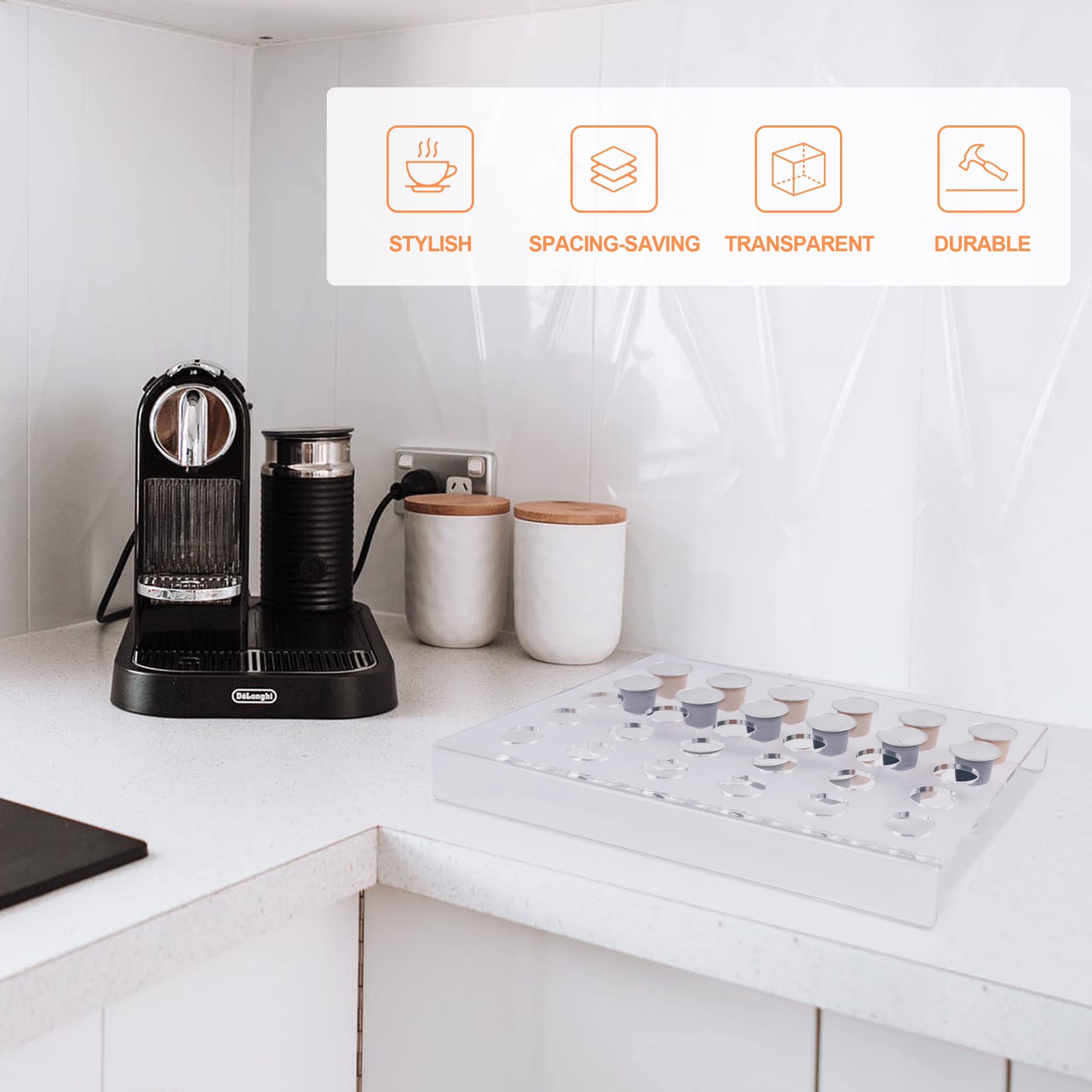 XIAOMANSHANGWU Coffee Pod Holder Organizer Tray,Clear Acrylic Coffee Pod Organizer for 30 Nespresso Capsule Pods,Countertop or In Drawer Storage for Office,Home or Kitchen, 30 Pods