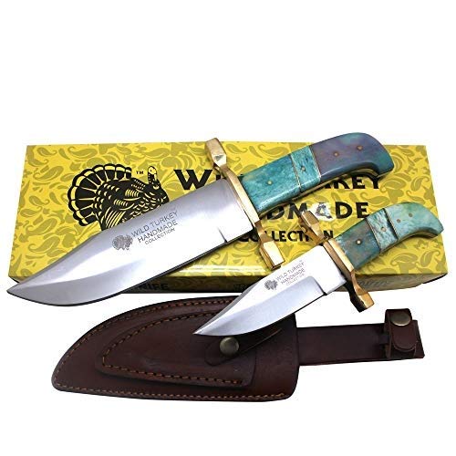 Wild Turkey Handmade Collection 2 Piece Collector Hunting Knife Set w/Leather Sheath Hunting Camping Fishing (Blue Bone)