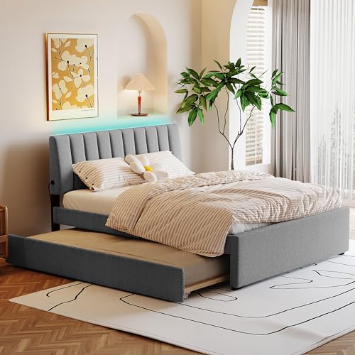 WOXYX Queen Size Upholstered Platform Bed with Teddy Fleece Headboard and Trundle,Grey
