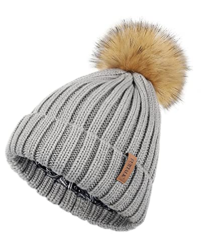 FURTALK Womens Beanie Satin Lined Knitted Beanie with Pom Winter Hats for Women (Grey)