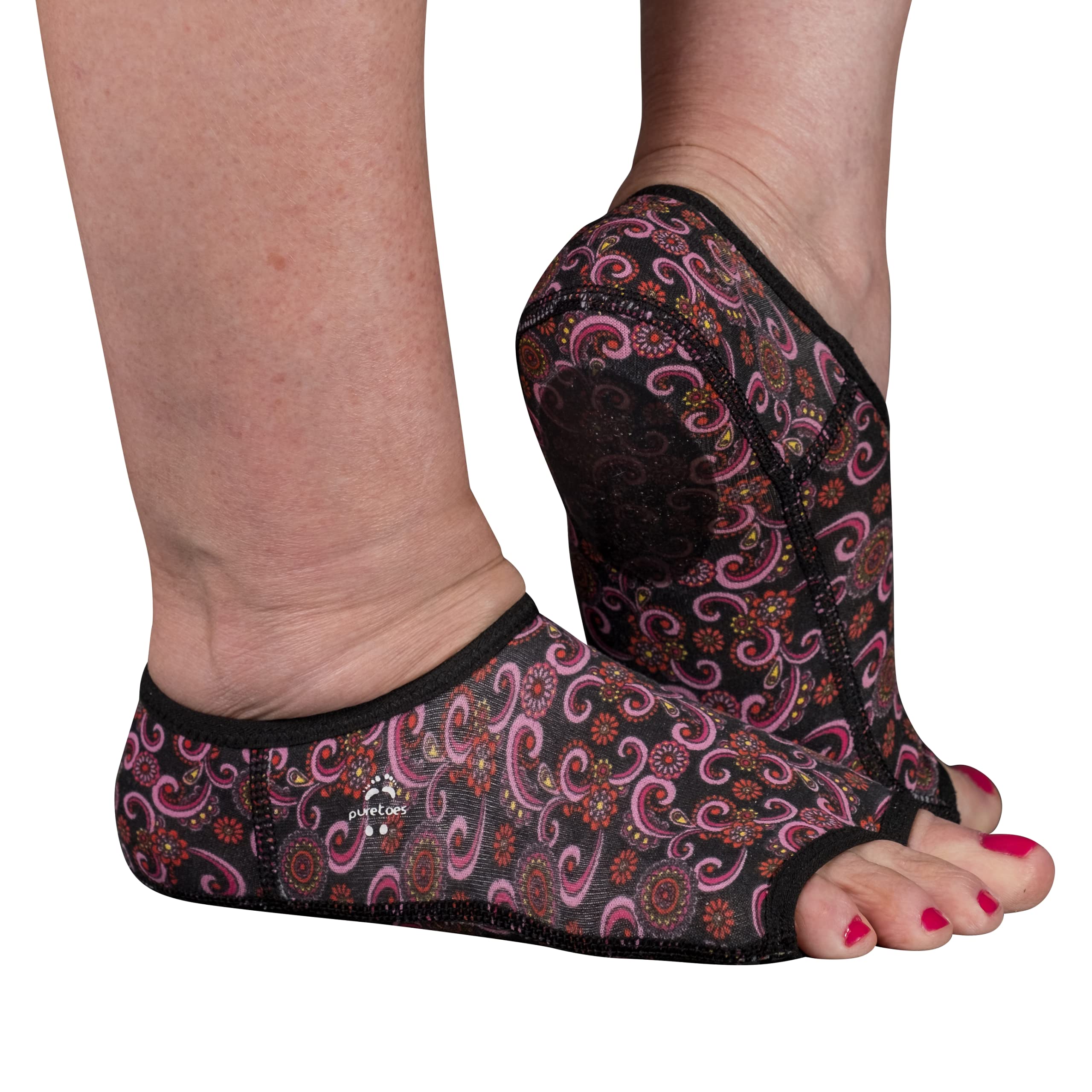 PureToes Yoga Pilates Lounging and Pedicure Socks (Hot Pink Paisley, L)