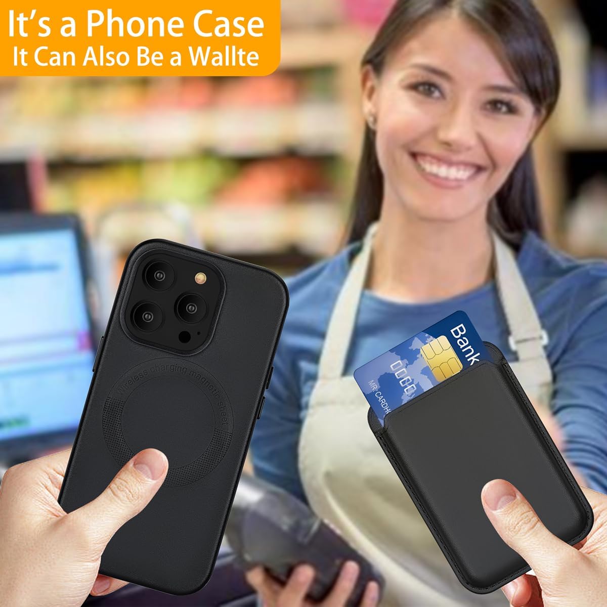 THMEIRA Compatible with iPhone 14 Pro Max Leather Case [ Compatible with MagSafe ] with Magnetic Wallet Card Holder [ PU Leather ] [ Slim Fit ] with Tempered Glass Screen Protector - Black