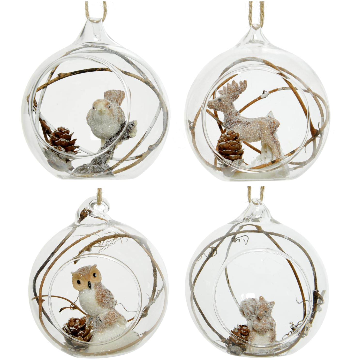 Woodland Animals Ornaments - Glass Ball Terrarium Christmas Tree Decorations, Set of 4