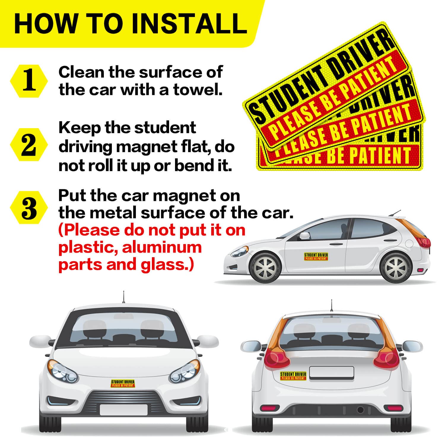 Sukh Student Driver Magnet for Car - Be Patient Student Driver Magnet Boys and Girls New Student Driver Sticker Safety Warning Reflective Signs Reusable Movable 3 Pcs