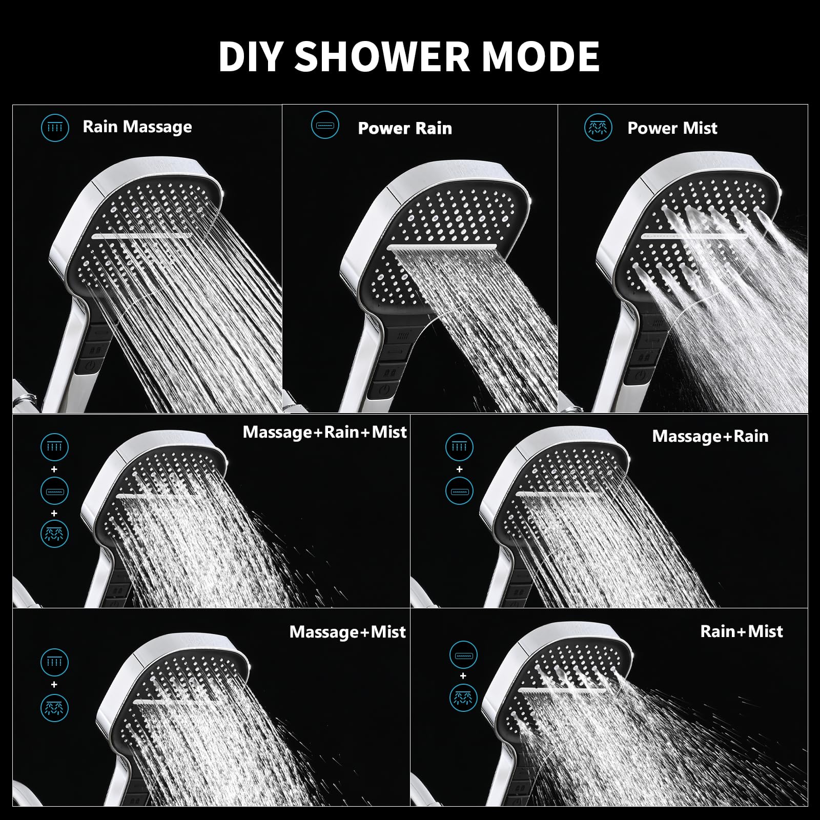 YASINU Handheld Shower Head with Extra Long Hose, 8 Setting Square Detachable Hand Held Spray with Upgrade Button & On Off Switch, 79" Hose - Chrome
