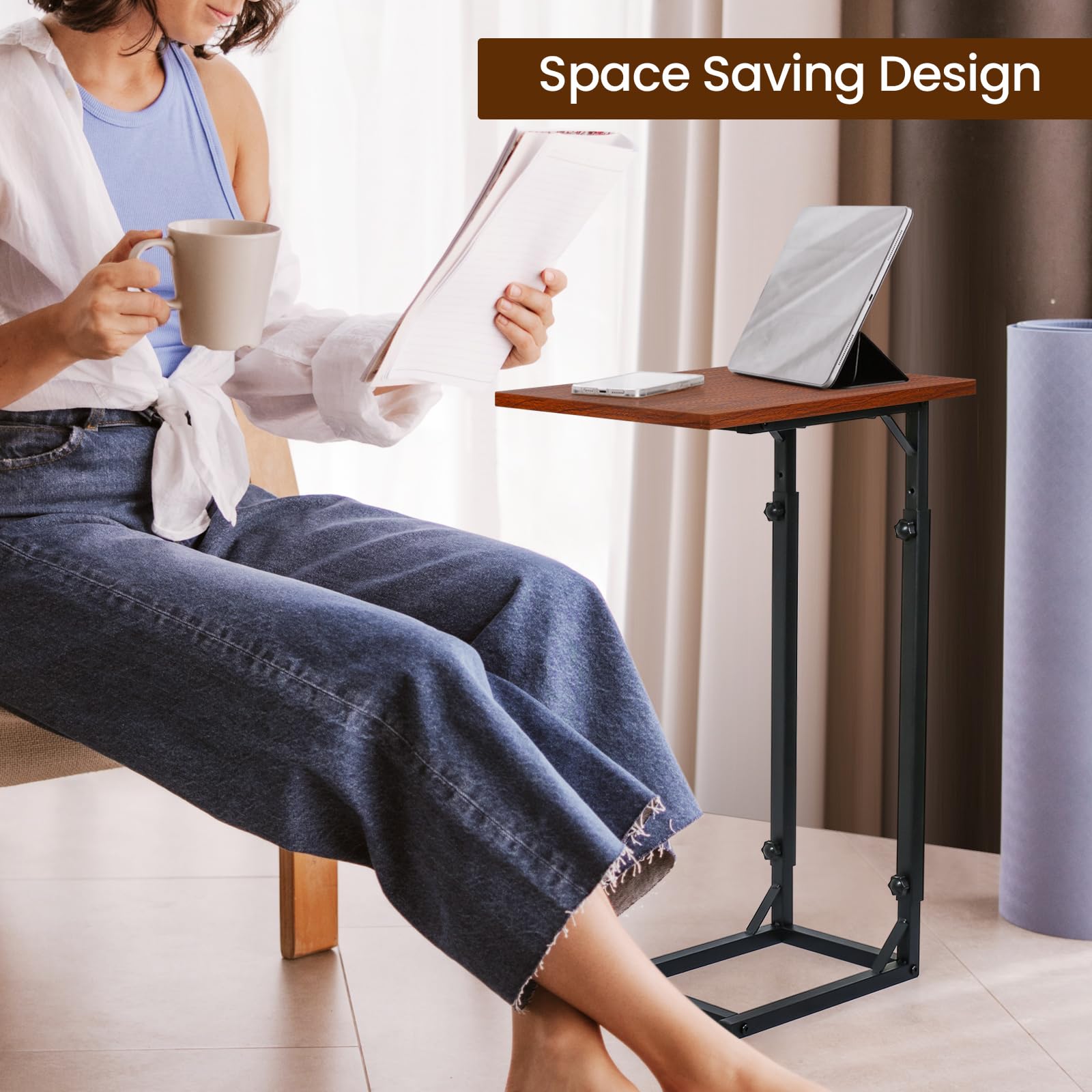 WHEARTED Adjustable C Shaped End Table - C Table Side Table for Couch and Sofa, Small Coffee Table with Metal Frame in Living Room, Bedroom, Bedside Rustic Brown