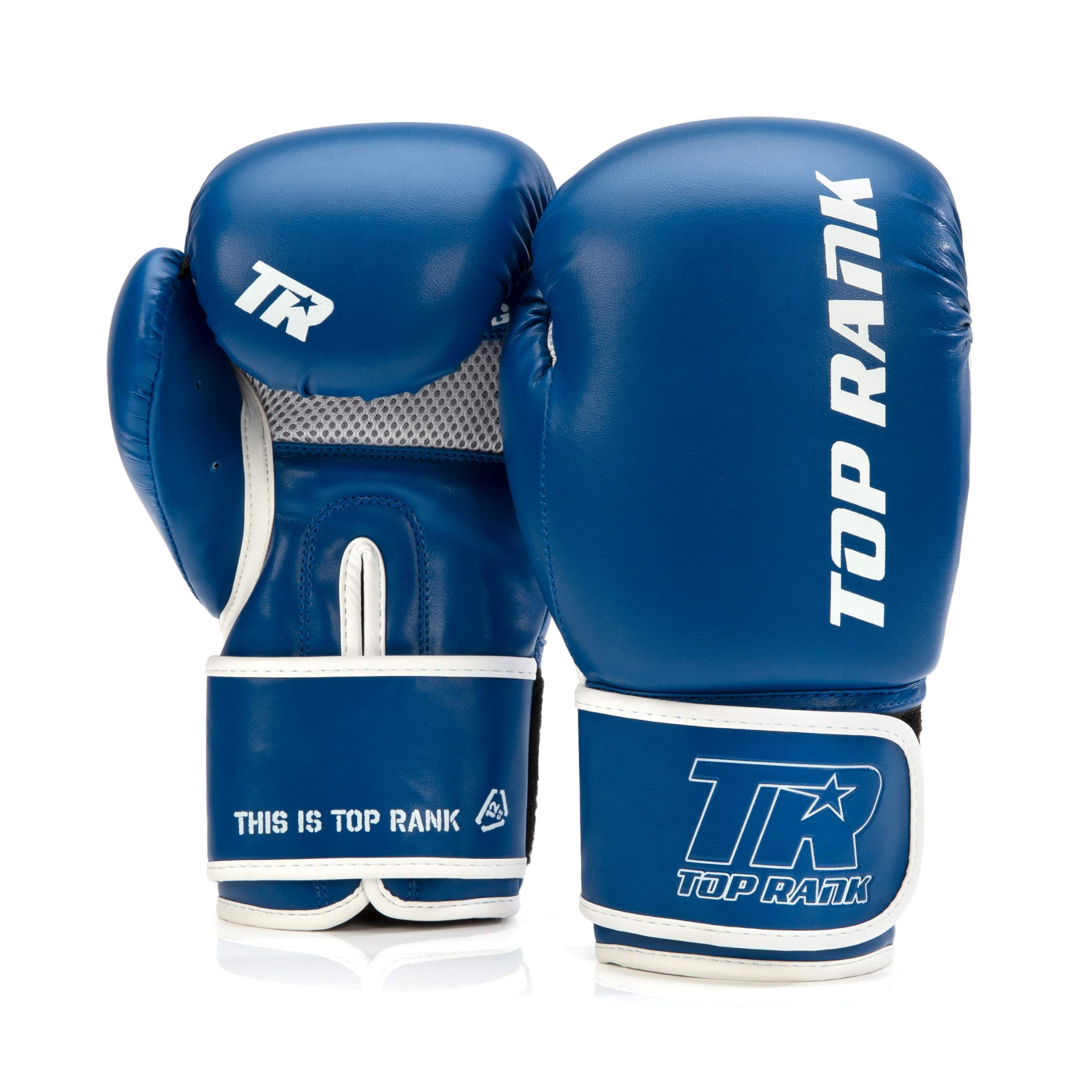 TOP RANK 12 oz. Contender Series Training Boxing Gloves, Molded Padding, Durable Synthetic Leather Shell, Mesh Palm, Hook and Loop Secured Pull Tab Closure, Blue with White Trim, Mesh Glove Bag