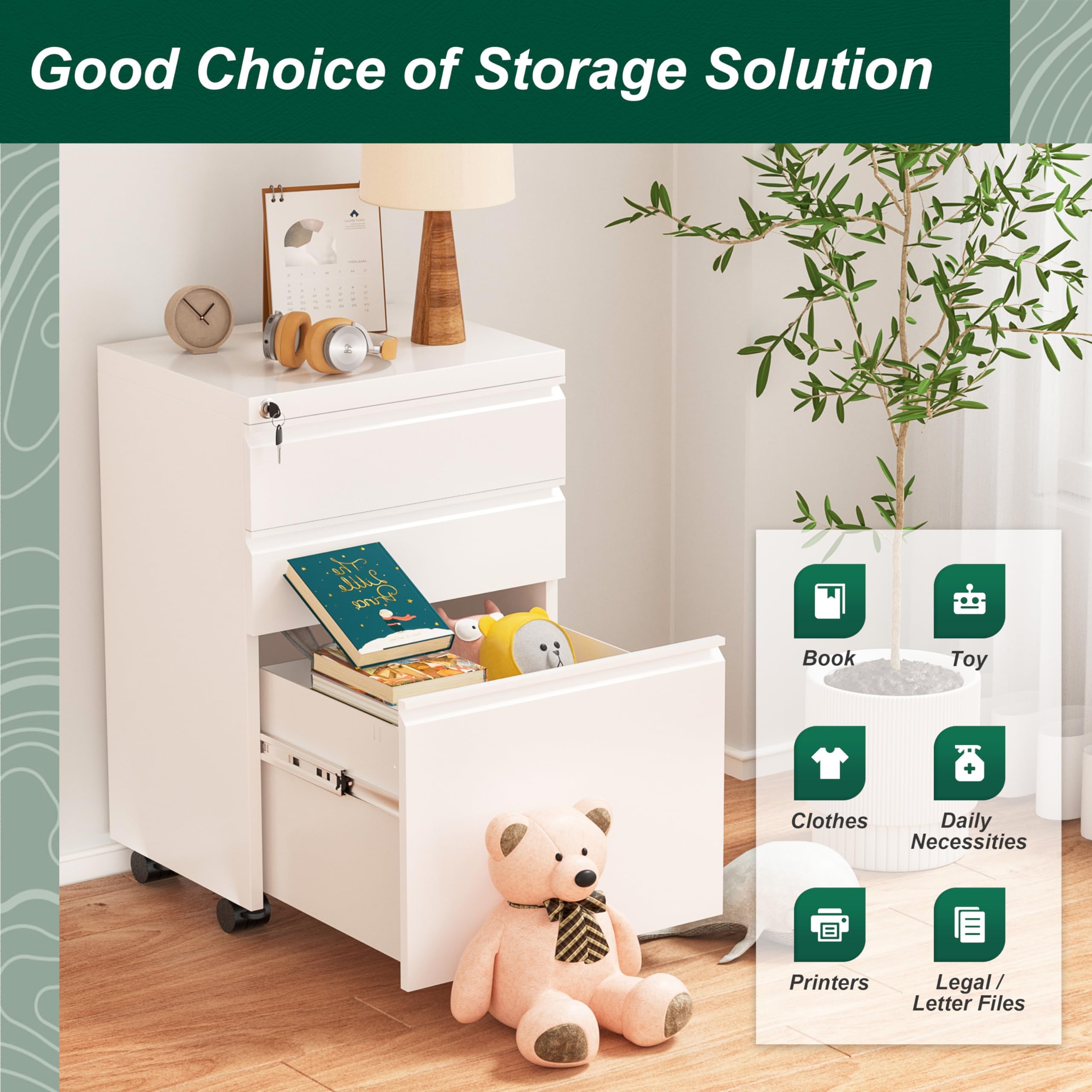 Superday White 3 Drawer Mobile Locking File Cabinet, Metal Rolling Vertical File Cabinet with Drawers, Small Under Desk Lateral Cabinet for Office and Home, Fully Assembled Except Wheel