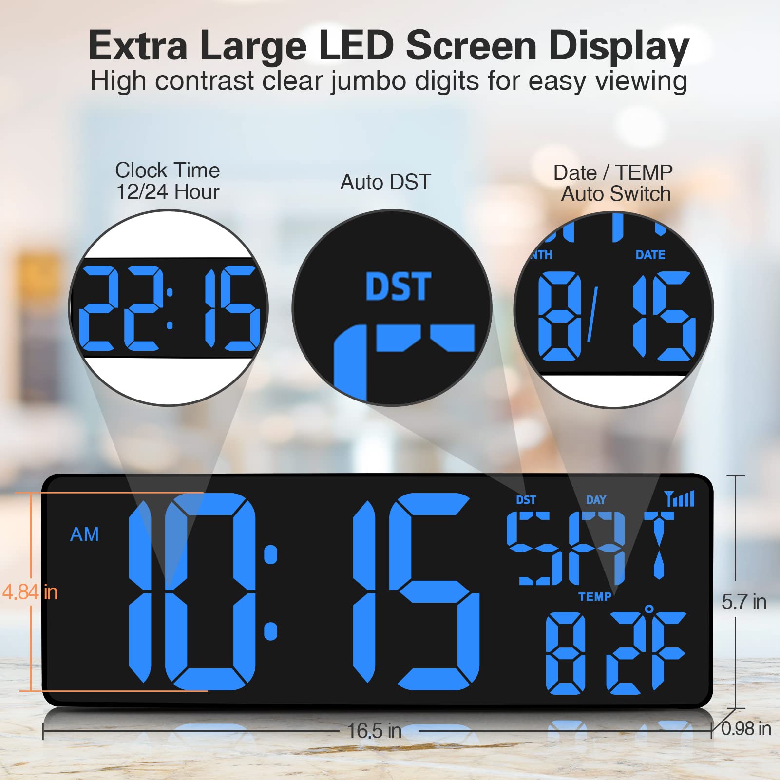 XREXS Large Digital Wall Clock WiFi Sync, 16.5 in Large Display Wall Clock with Temperature/Date/Week, LED Big Digital Timer Clock with Remote Control, Alarm Clock for Home and Office, Auto-dimming