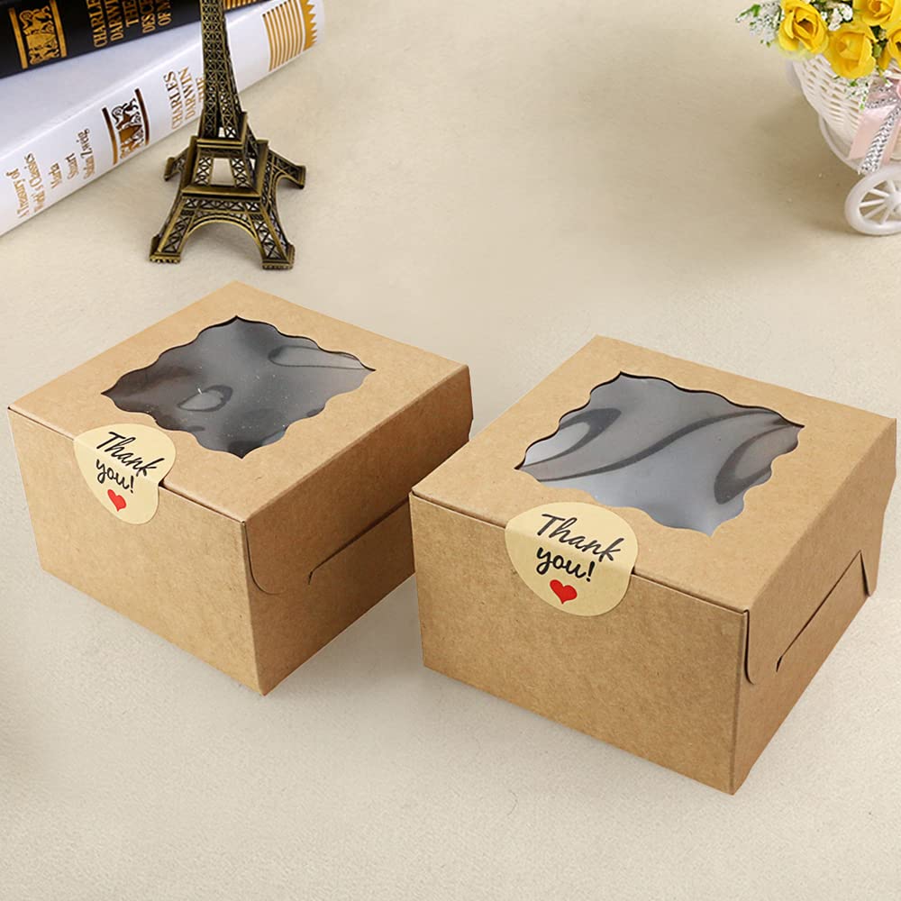 Tecmisse 50 Pack 4 x 4 x 2.5 Inches Small Bakery Boxes with Window for Small Cake Pie, Cookie Box, Mini Cake Boxes, Pastry, Dessert, Small Treat Boxes (kraft)