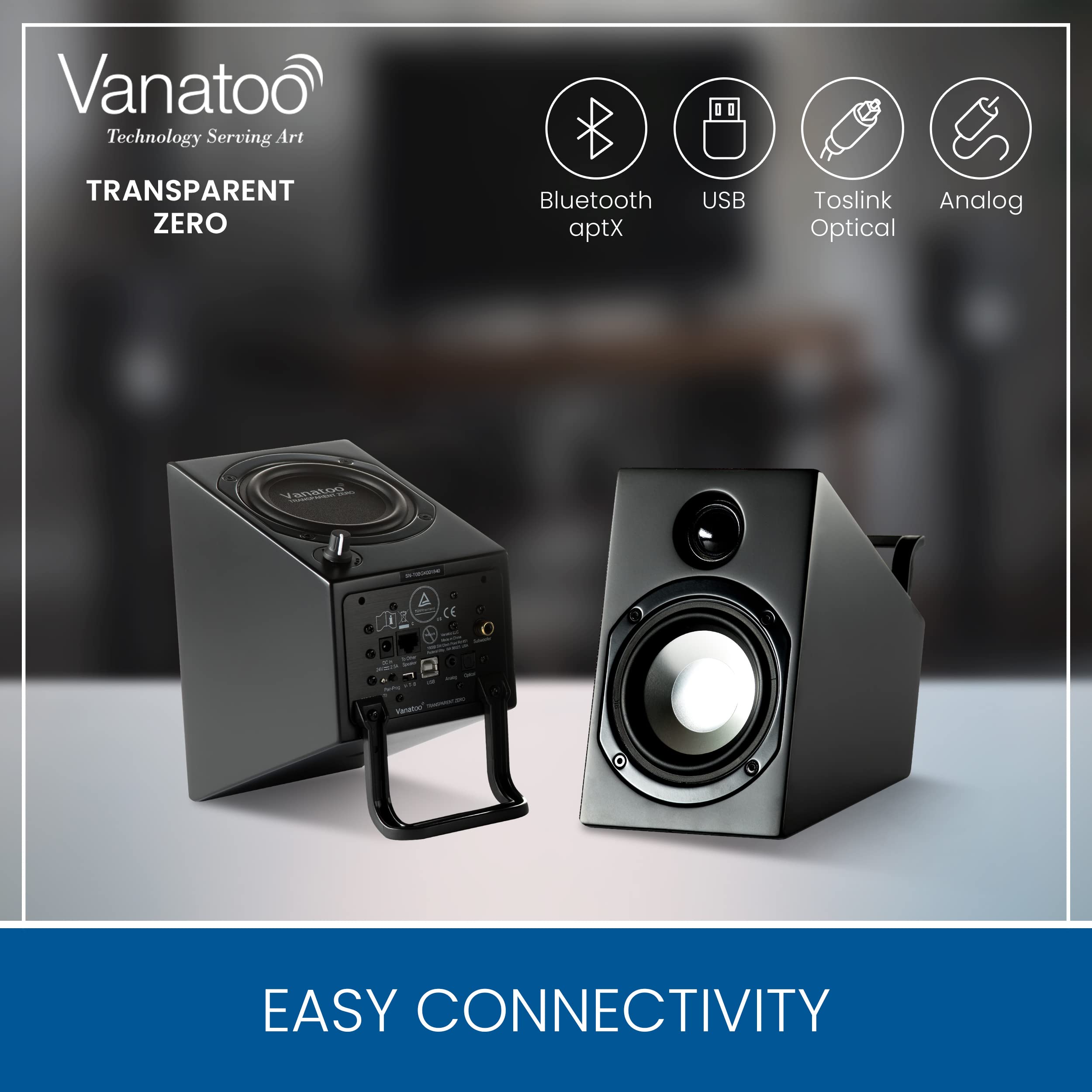 Vanatoo Transparent Zero Powered Speakers - Bluetooth Speakers - Speakers AUX, USB, Optical, Analog - Computer Speakers - TV Speakers - Gaming Speakers - Black, Set of 2