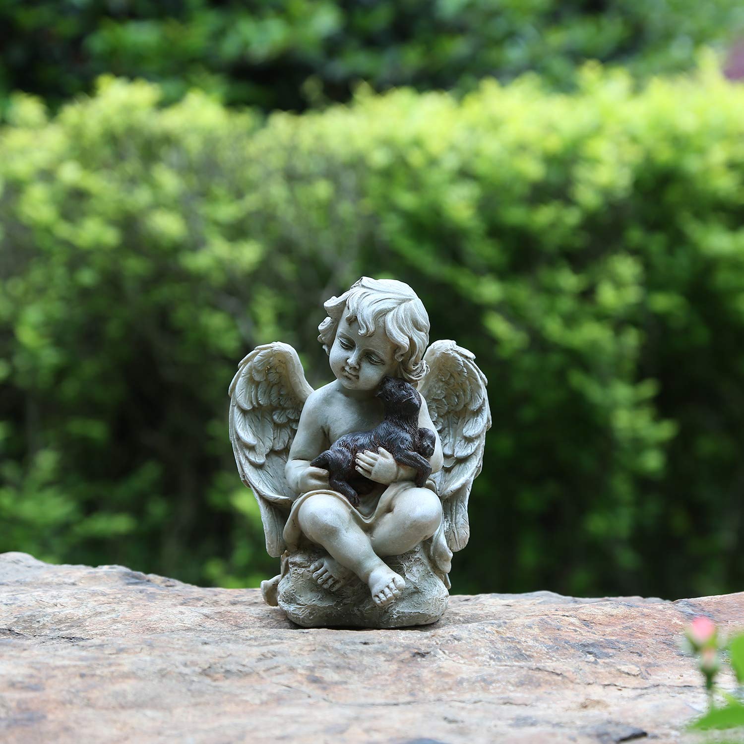 Topadorn Angel Wings with A Little Dog in Arms Angel Resin Statue, Angel Figurine Tabletop Decor Angel Pray Design Display