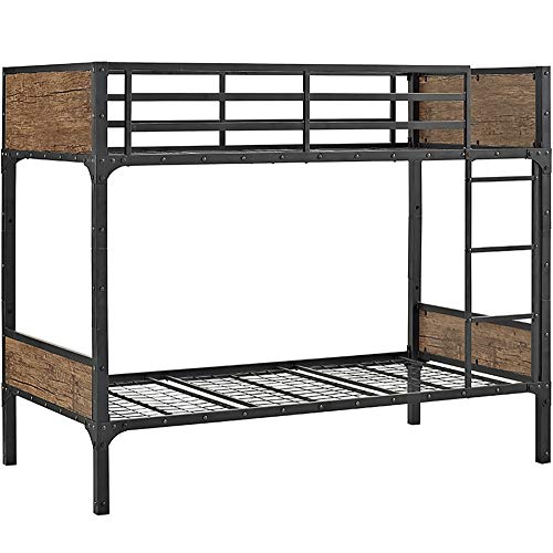 Walker Edison Rustic Wood and Metal Pipe Twin Over Twin Bunk Bed Bunk bed Kids Bed Bedroom Storage Guard Rail Ladder, Twin Over Twin, Marble