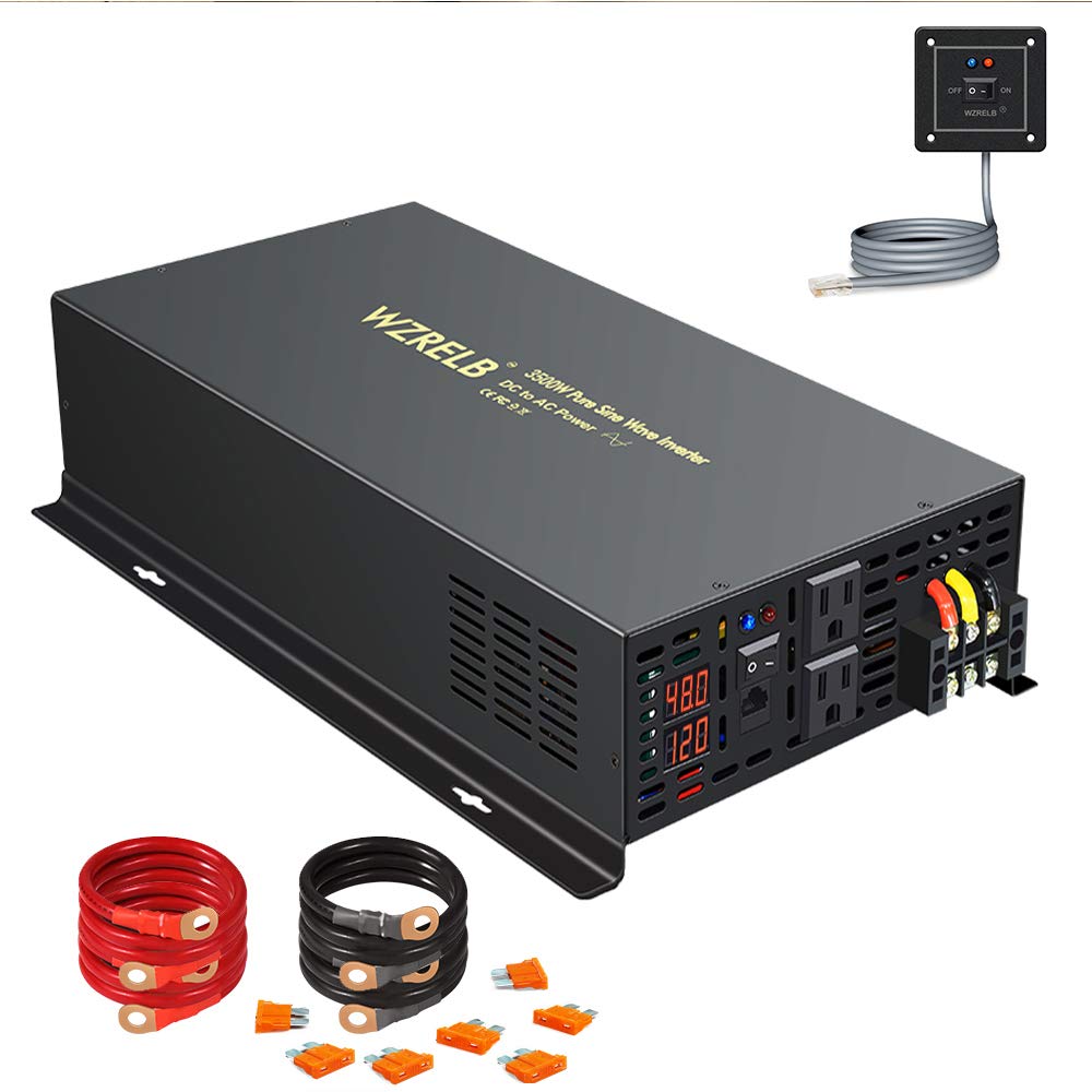 WZRELB Power Inverter Pure Sine Wave 3500Watt 48V DC to 110V 120V AC with Remote Control,Dual US Outlets for RV Car Solar System