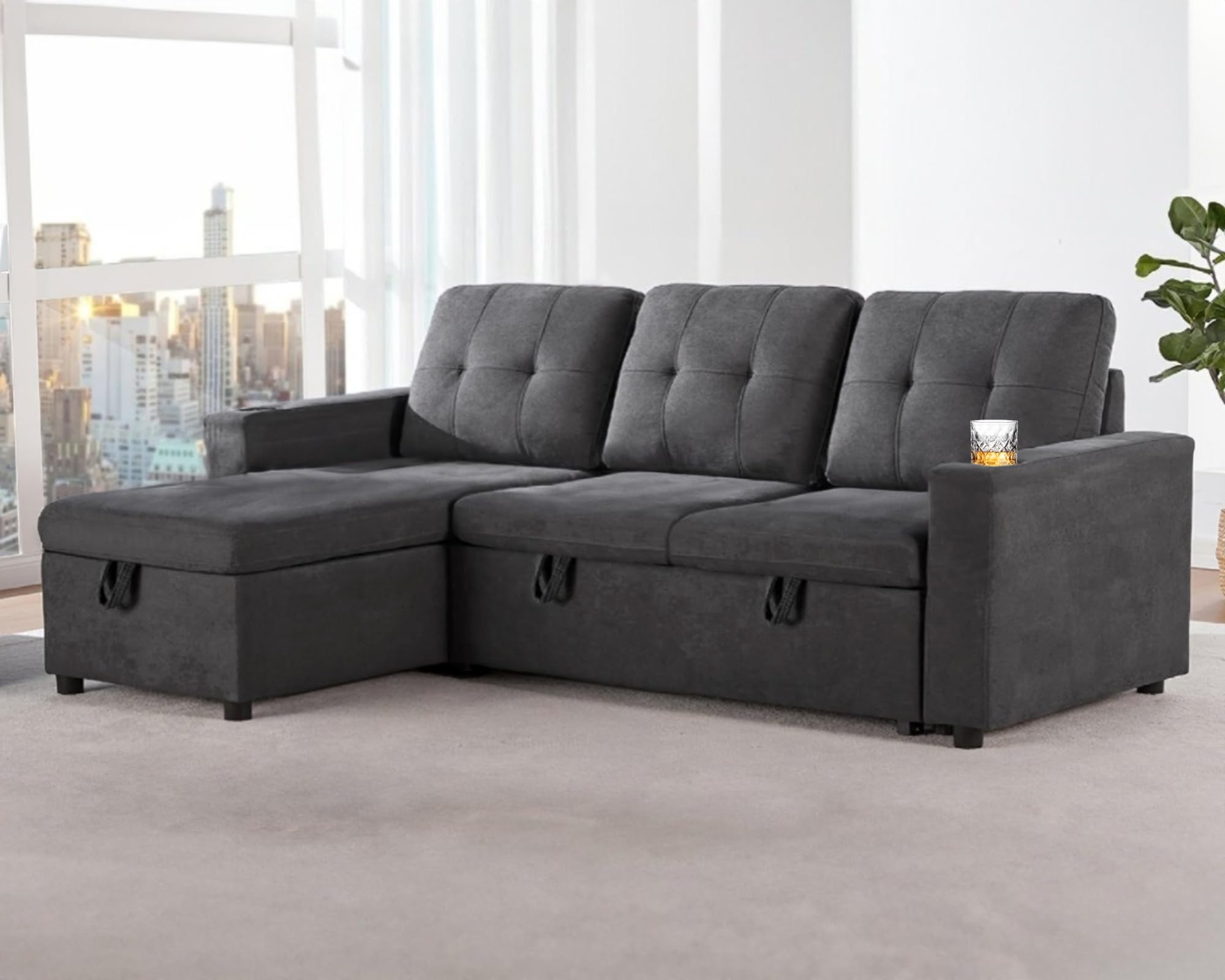 yoyomax L Shaped Sofa-82'' Sectional Sofa with 2 in 1 Pull Out Couch Bed Storage Chaise & Cup Holders for Living Room, Apartment and Office, Light Grey