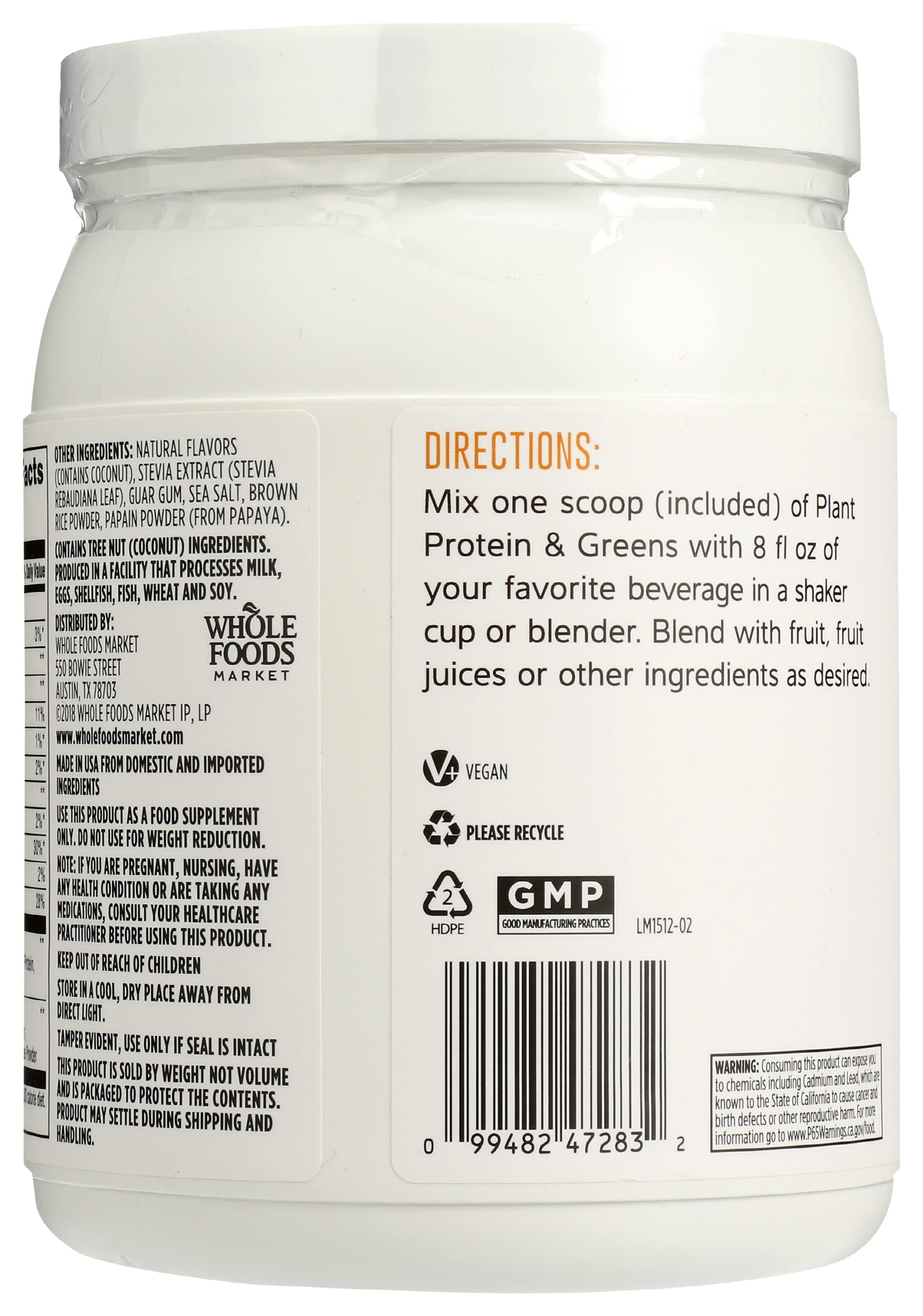 Whole Foods Market, Protein Powder And Greens Coconut Almond, 18 Ounce