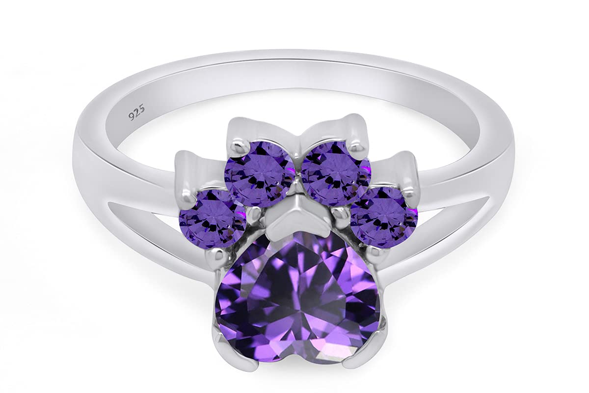 Wishrocks Heart & Round Cut Simulated Amethyst Paw Print Ring Jewelry For Women In 14k White Gold Over Sterling Silver Ring Size- 14
