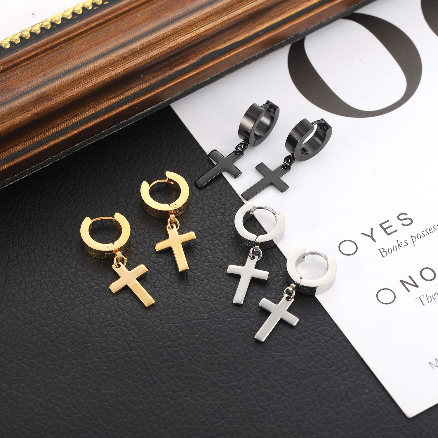 Szory 3 Pairs Stainless Steel Cross Earrings for Men Women Dangle Hoop Earrings Silver Gold Black