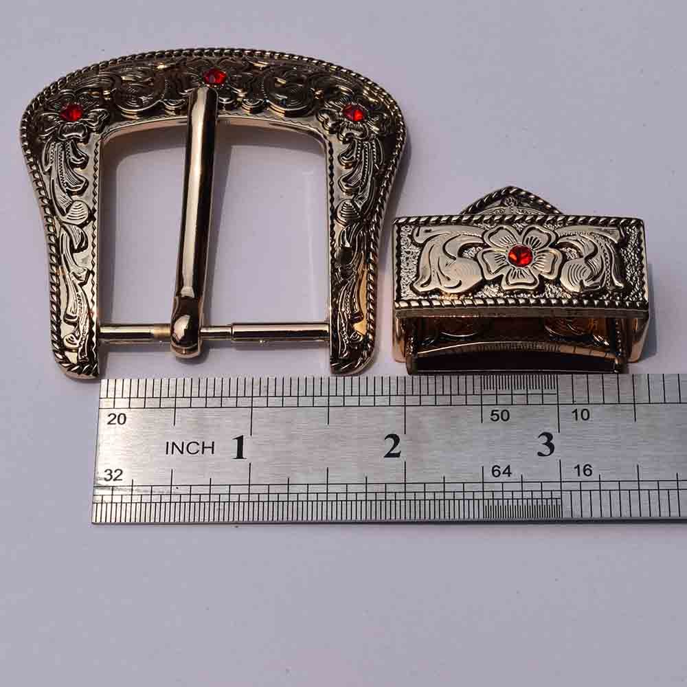 ToSSme 1.5" Wide Engraved Belt Buckles Pale gold Inlaid Ruby Belt Buckle Set