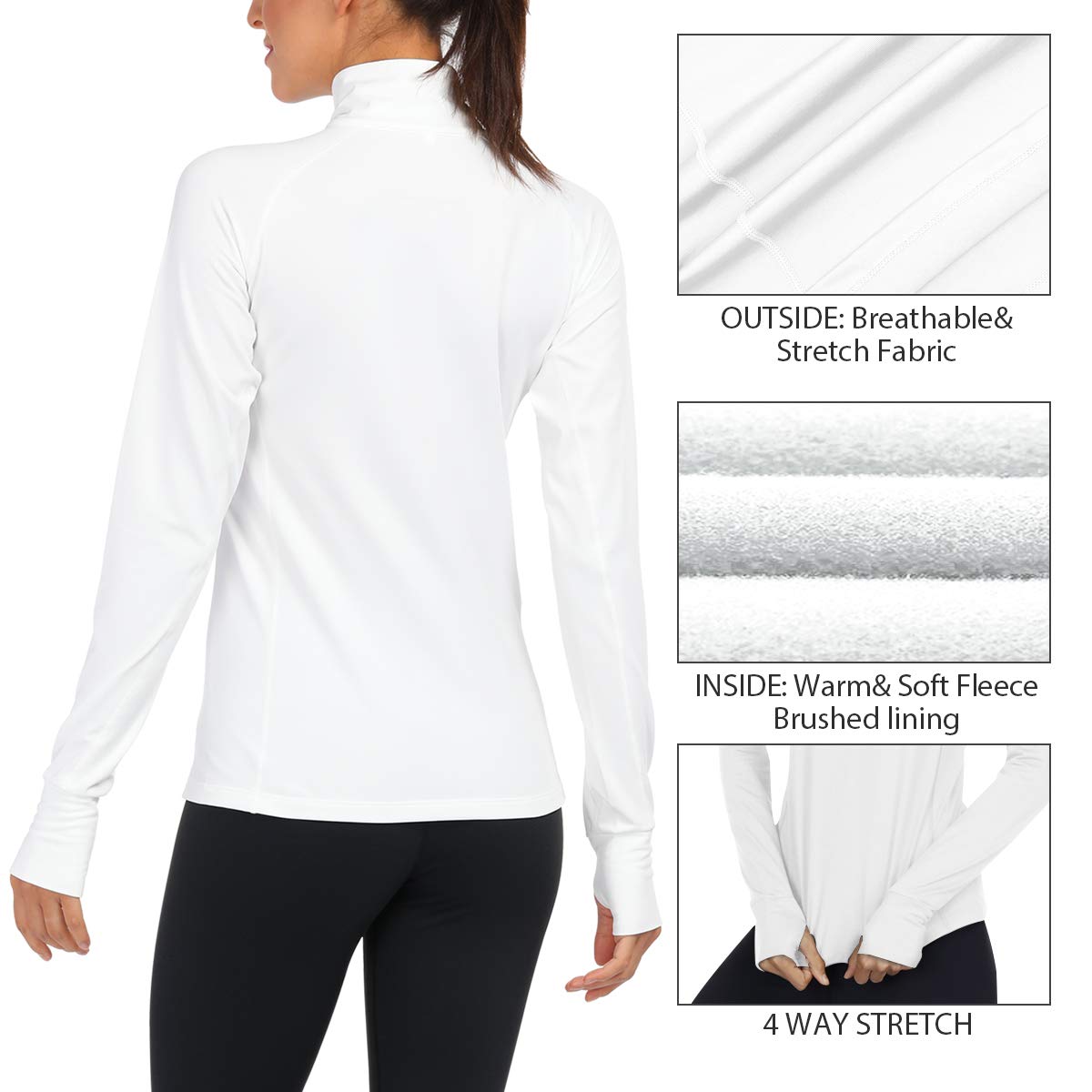 Women's Yoga Jacket 1/2 Zip Pullover Thermal Fleece Athletic Long Sleeve Running Top with Thumb Holes (White, Medium)