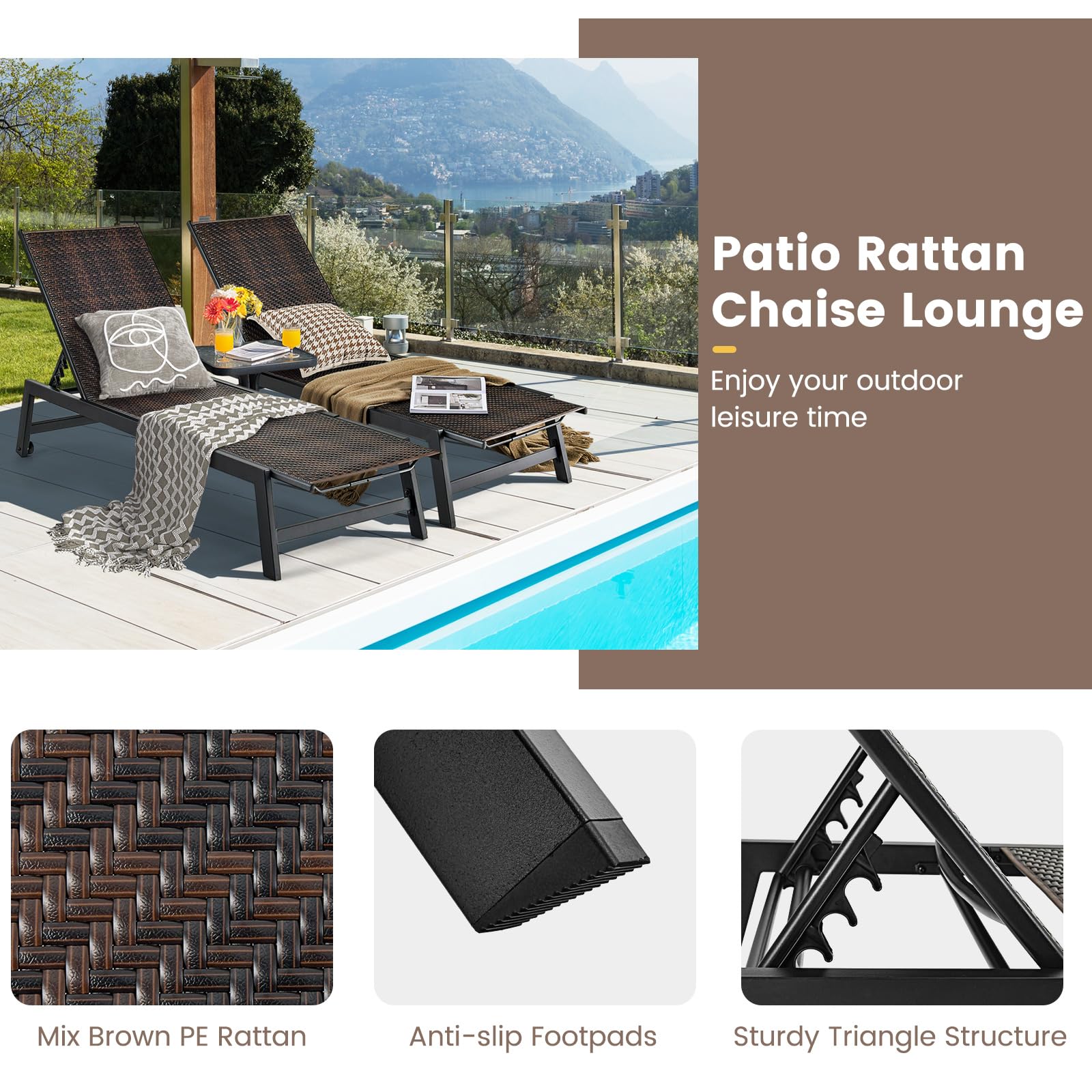 Tangkula Patio PE Rattan Chaise Lounge, Outdoor Recliner w/ 5-Level Backrest, Heavy-Duty Galvanized Steel Frame, Convenient Wheels, Patio Reclining Chair for Backyard, Poolside (2)