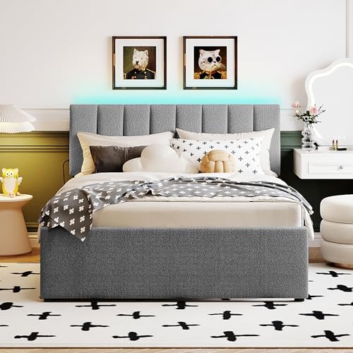 WOXYX Full Size Upholstered Platform Bed,Teddy Fleece Headboard with Trundle,Grey
