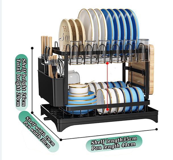 ZHIDENGWJ Stainless Steel Dish Drying Rack with Drainboard Set,2 Tier Large Dish Racks for Kitchen Counter, Detachable 2-in-1 Large Black Capacity Dish Drainer Organizer for Kitchen Counter