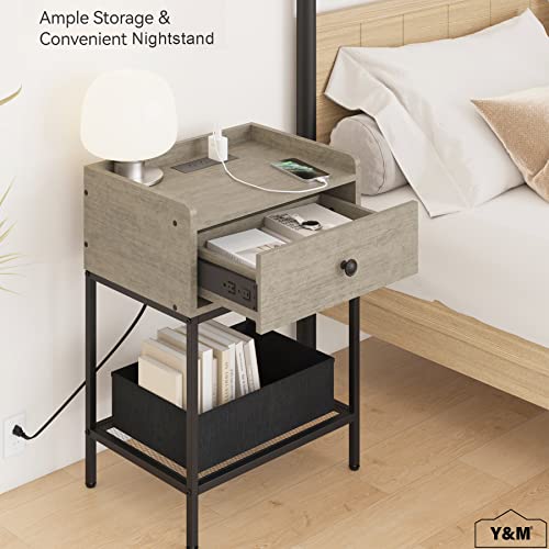 Y&M Nightstand with Charging Station and USB Ports, Side End Table with Drawer, Modern Bedside Tables Night Stand Storage Shelf for Small Spaces, Bedroom, Living Room - Gray and Black