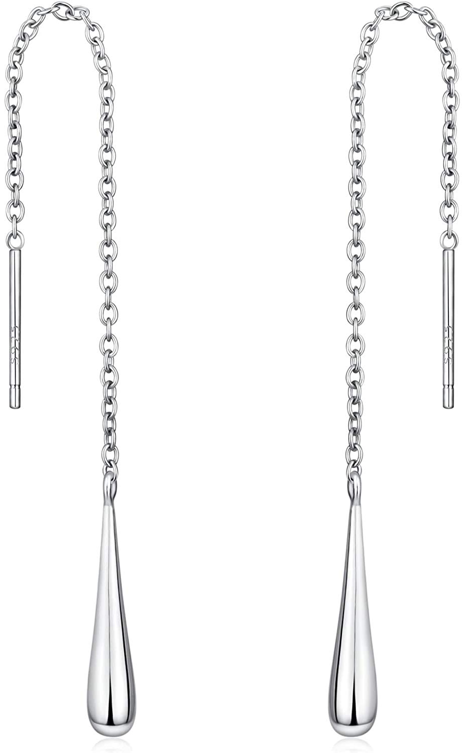 Savlano 925 Sterling Silver White Yellow & Rose Color Threader Dangle Drop Cross Line Ear Teardrop Long Chain Women's Earrings (White)