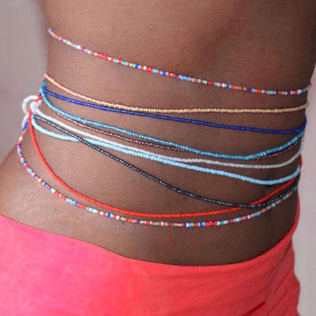 Victray Beads Belly Chain African Beaded Waist Chains Layered Bikini Chain Beach Waist Accessories 10 Pack for Women