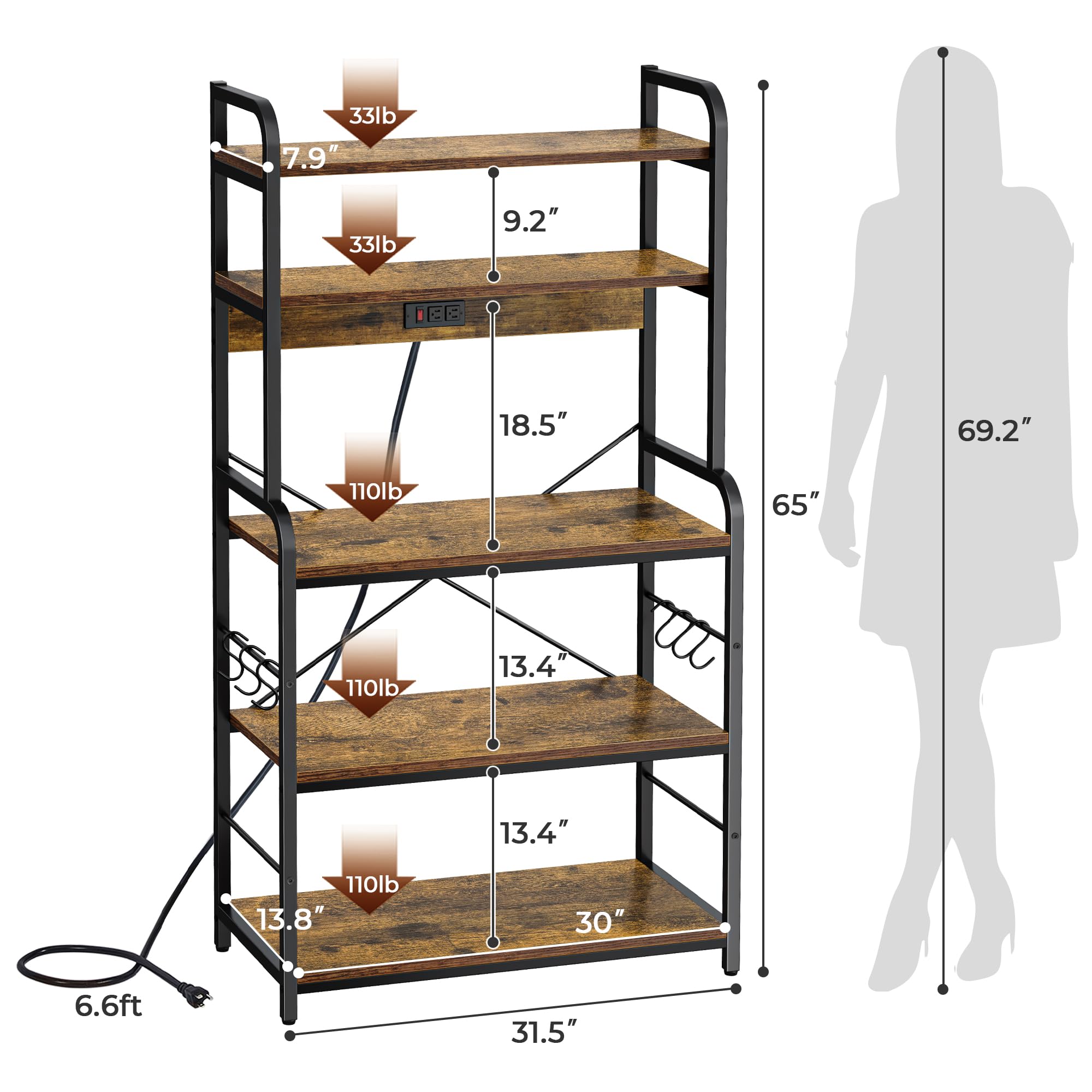 SUPERJARE Bakers Rack with Power Outlets, 65"H Coffee Bar, 5-Tier Microwave Stand with Storage, Coffee Station, Kitchen Rack with 6 S-Hooks, Kitchen Shelf Rack for Spices, Pots and Pans, Rustic Brown