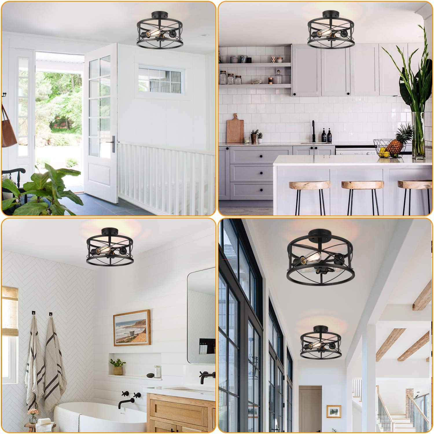 SunRider Industrial 3-Light Semi Flush Mount Ceiling Light, Modern Farmhouse Lighting Fixture with Metal Cage, Black Retro Pendant Lamp for Hallway