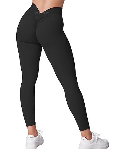 VOYJOY V-Back Scrunch Butt Leggings Workout Gym Lifting Leggings Gym Leggings Booty Tights Deep Black