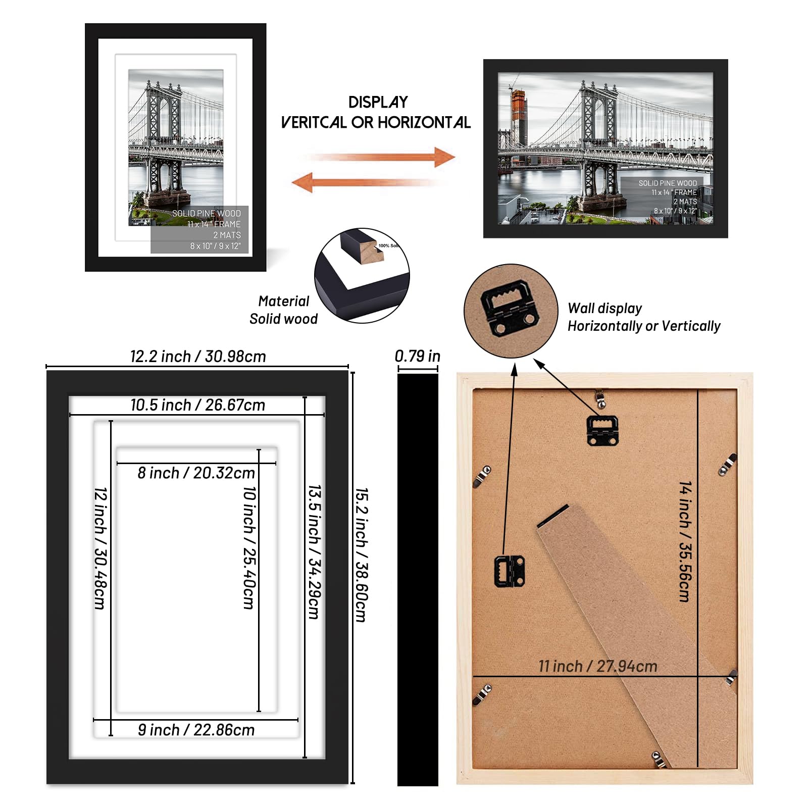 UHFWIFR 11x14 Picture Frames Solid Wood Display Pictures 9x12 or 8x10 with Mat or 11x14 Frame without Mat Poster Photo Frame Art with 2 Mats for Wall Mounting or Table Top(Black)
