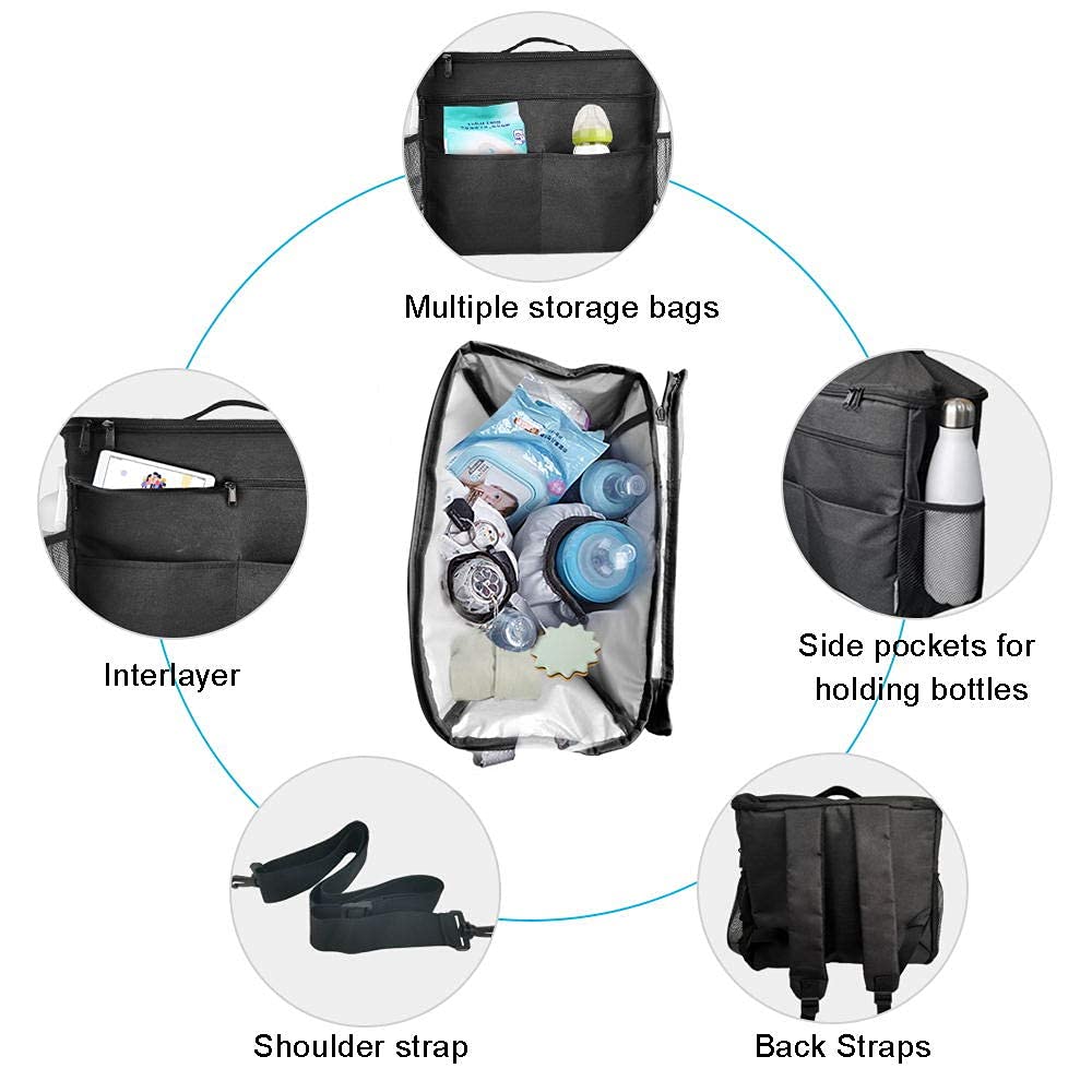 XBERSTAR Parents Organizer Bag,Universal Fit for All Baby Storage Multiple Pockets Zipper,Carrying Bottles,Diapers,Toys and Snacks (Black)