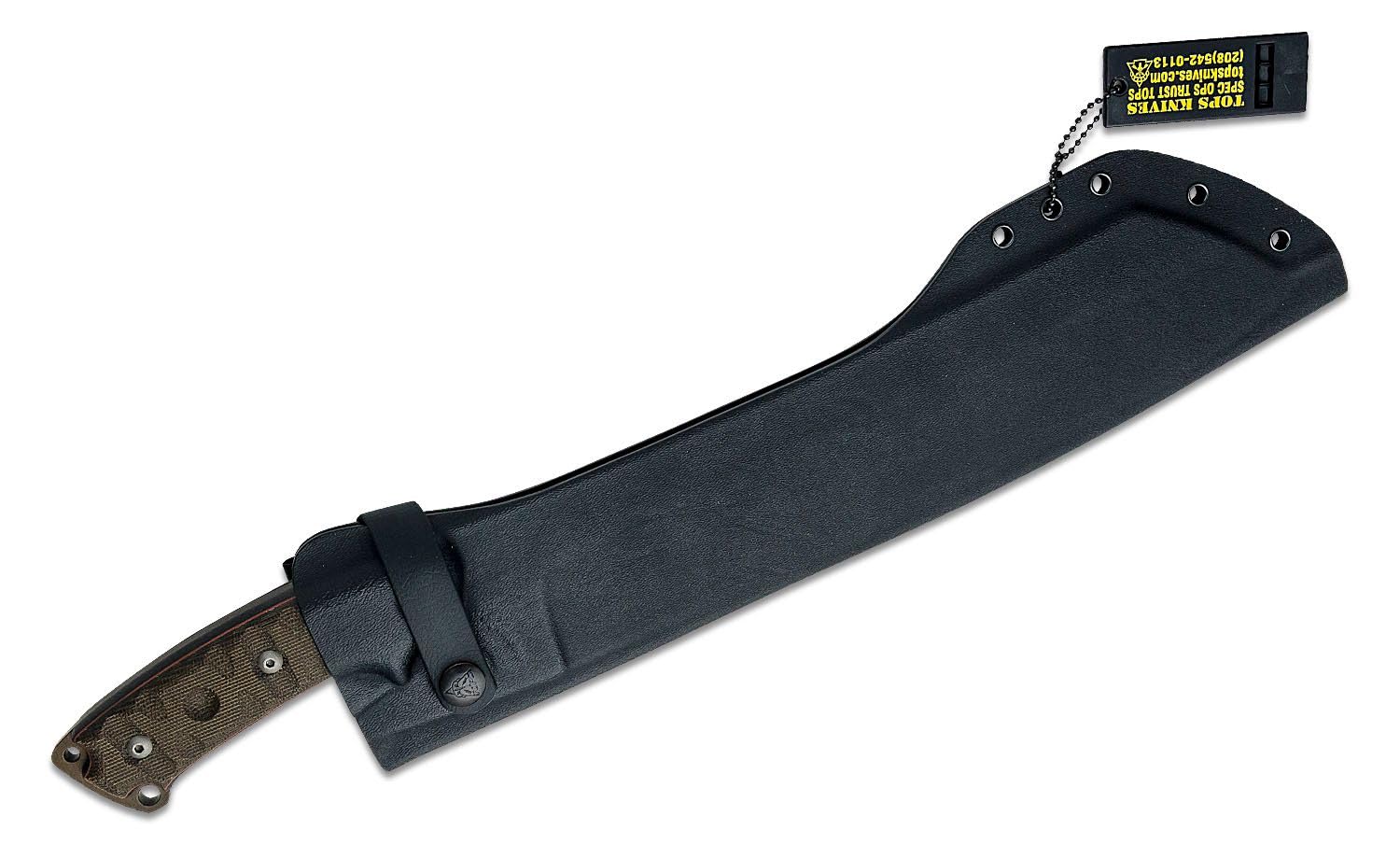 Tops Knives El Chete Fixed Blade Knife with Midnight Bronze Blade Finish, Rocky Mountain Tread Handle, and Black Kydex Sheath with Steel Belt Clip, ELCH-01-RMT