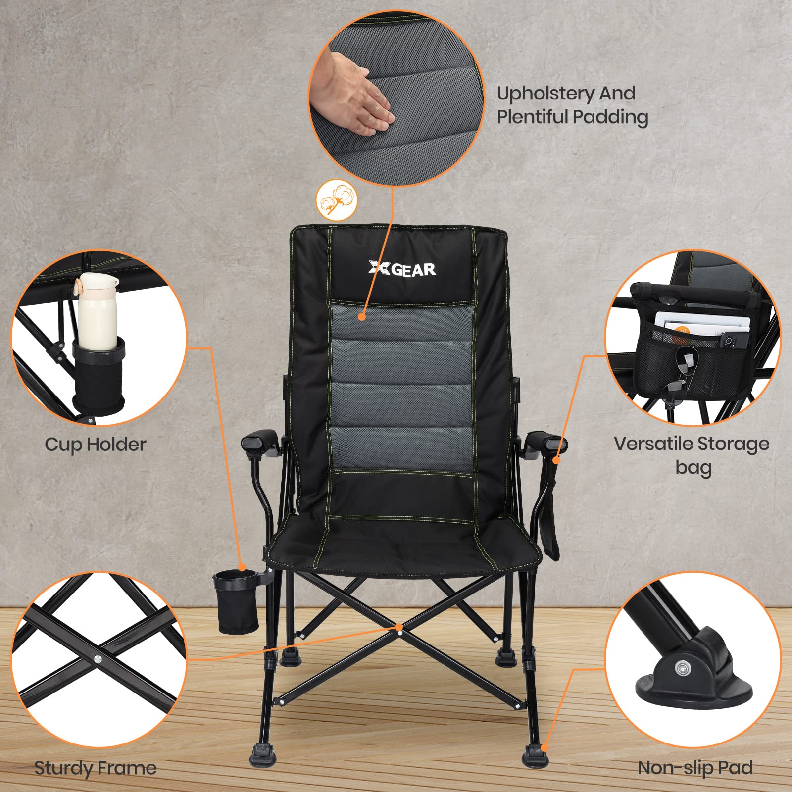 XGEAR Large Sized Hard Arm Adjustable Back Camping Chair Padding Chair (Black)