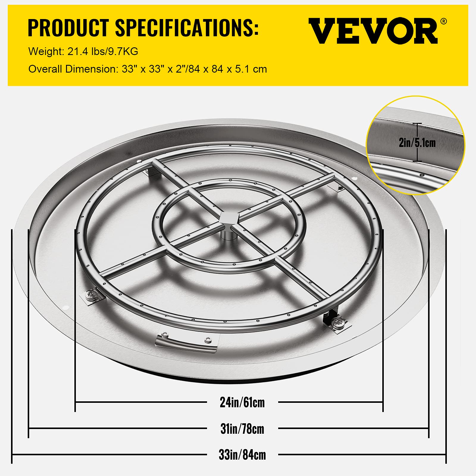 VEVOR Drop in Fire Pit Pan, 31" x 31" Round Fire Pit Burner, Stainless Steel Gas Fire Pan, Fire Pit Burner Pan w/ 1 Pack Volcanic Rock Fire Pit Insert w/ 300K BTU for Keeping Warm w/Family & Friends